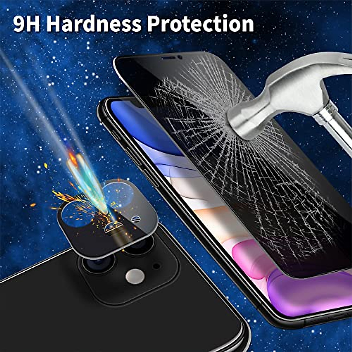 QUESPLE [Full Coverage] 2 Pack Privacy Screen Protector for iPhone 11 6.1 Inch + 2 Pack Camera Lens Protector, Anti-Spy Tempered Glass Film, with Easy Installation Kit, Anti Peeping