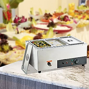 Commercial Food Warmer Bain Marie, Electric Steam Table with 3 Pans and Temperature Control for Catering and Restaurants