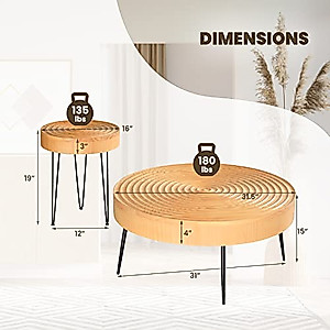 GOFLAME Round Coffee Table Set of 2, Farmhouse Boho End Tables with Natural Finish & Wood Ring Motif, Solid Wood Nesting Side Tables with Metal Legs & Adjustable Foot Pads for Living Room, Bedroom