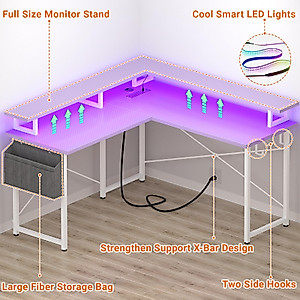 armocity L Shaped Computer Desk with Power Outlets, Gaming LED Lights, Corner Storage Shelves, Work Study for Bedroom, Home Office Small Spaces, 47'', Carbon Fiber Purple