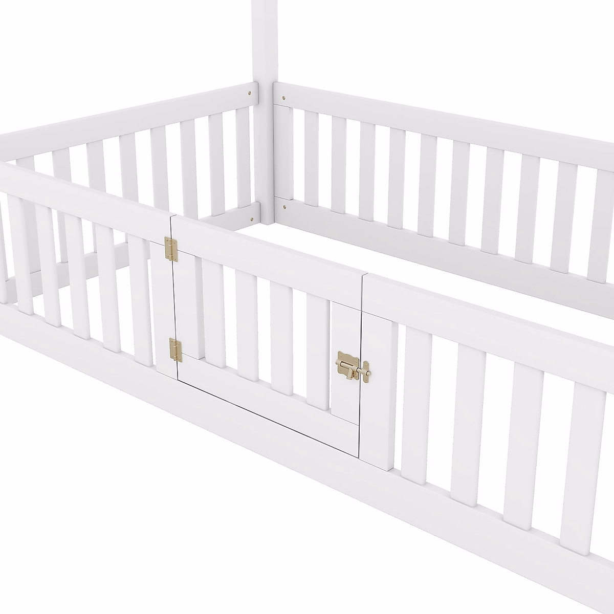 P PURLOVE Twin Size Floor House Bed Frame,Wood Montessori Floor Bed Frame with Fence for Boys,Girls,White