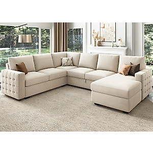 HONBAY Sleeper Sectional Sofa with Storage Chaise U Shaped Sectional Couch for Living Room, Velvet Sleeper Sectional Couch with Pullout Bed, Beige