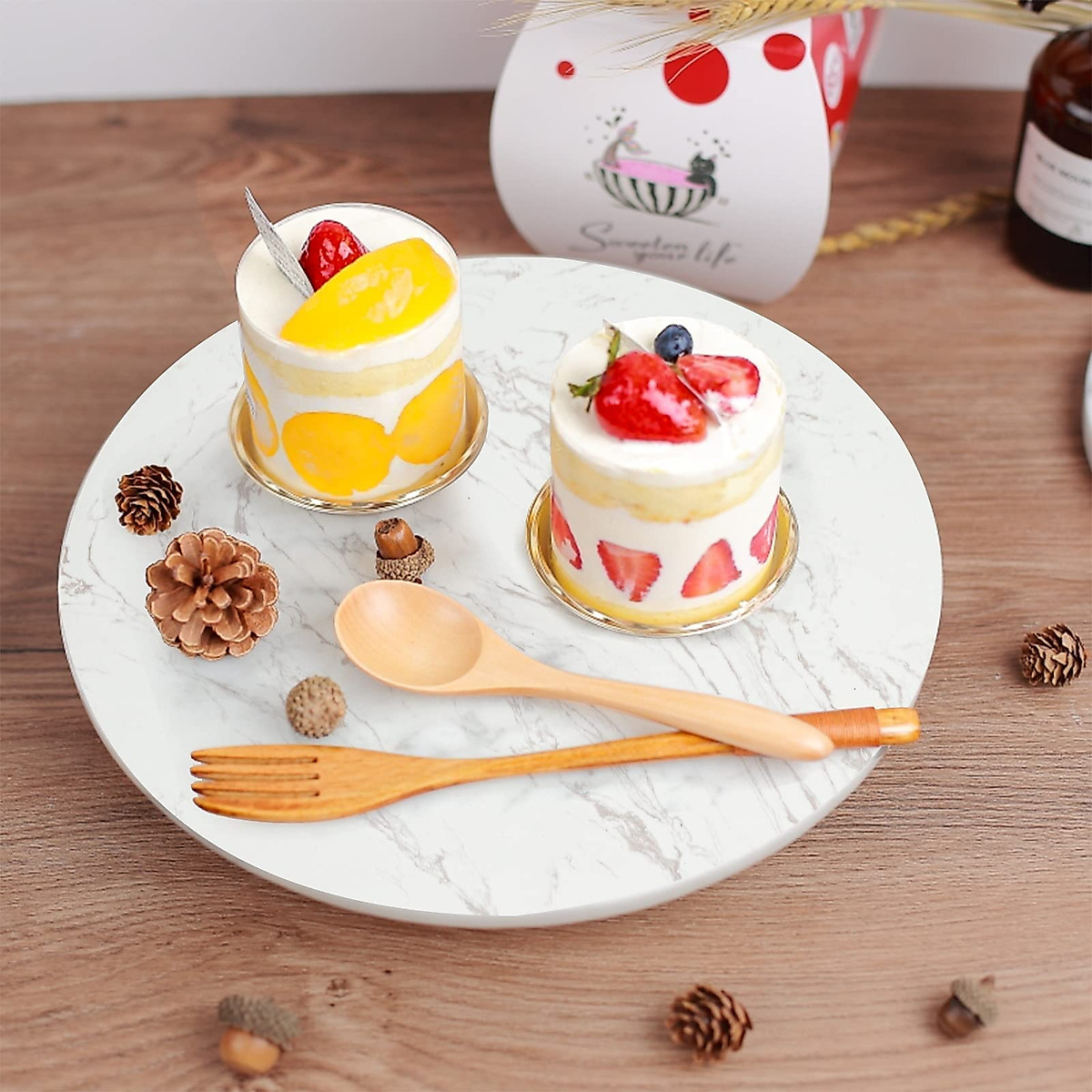 DEAYOU Marble Lazy Susan, Round Marble Tray Turntable Cake Stand, 12" Lazy Susan Cheese Board with Silent Rotating for Serving, Table Display, Cupcake, Food, White, Revolving Cake Leveler Spinner