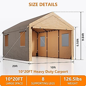 SANWAY 10'x20' Heavy Duty Carport with Removable Sidewalls & Doors, Portable Garage with Roll-up Ventilated Windows, Beige