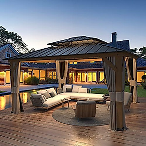 YOLENY 13' x 15' Wood Gazebo, Spruce Frame Outdoor Hardtop Gazebo with Metal Roof, Privacy Curtains and Nettings for Patio, Garden, Backyard