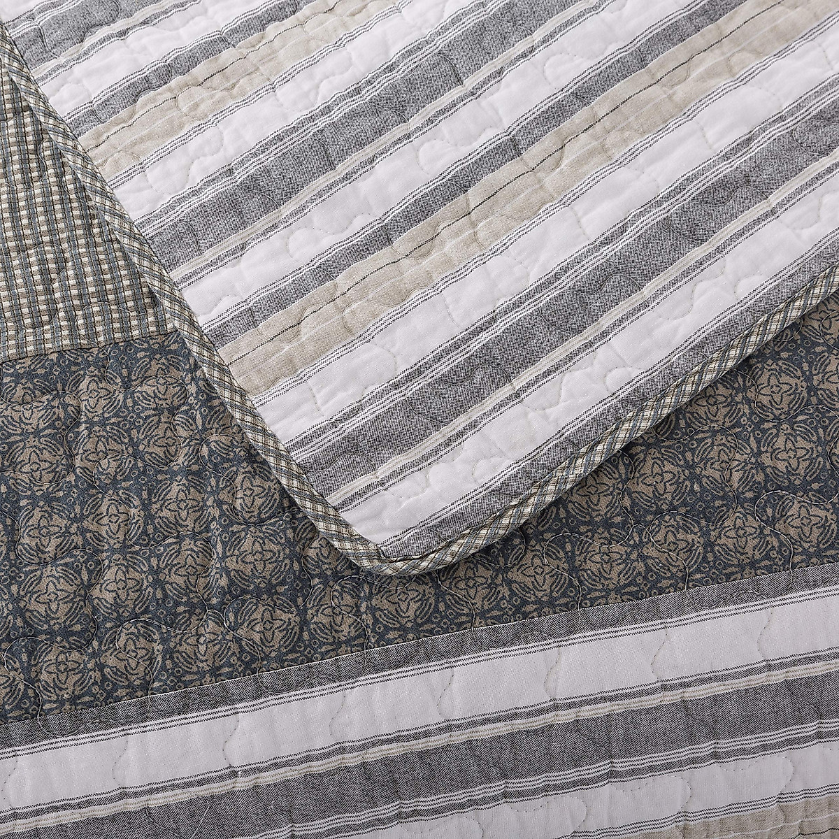 Soul & Lane Madrona 2-Piece Pieced Cotton Quilt Set - Twin Size with 1 Sham, Modern Masculine Quilted Bedspread in Brown and Gray, Contemporary Striped Bedding for Boy's Bedroom