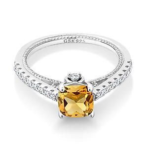 Gem Stone King 925 Sterling Silver Yellow Citrine and White Created Sapphire Engagement Ring For Women (1.20 Cttw, Cushion 6MM, Gemstone November Birthstone, Available In Size 5, 6, 7, 8, 9)
