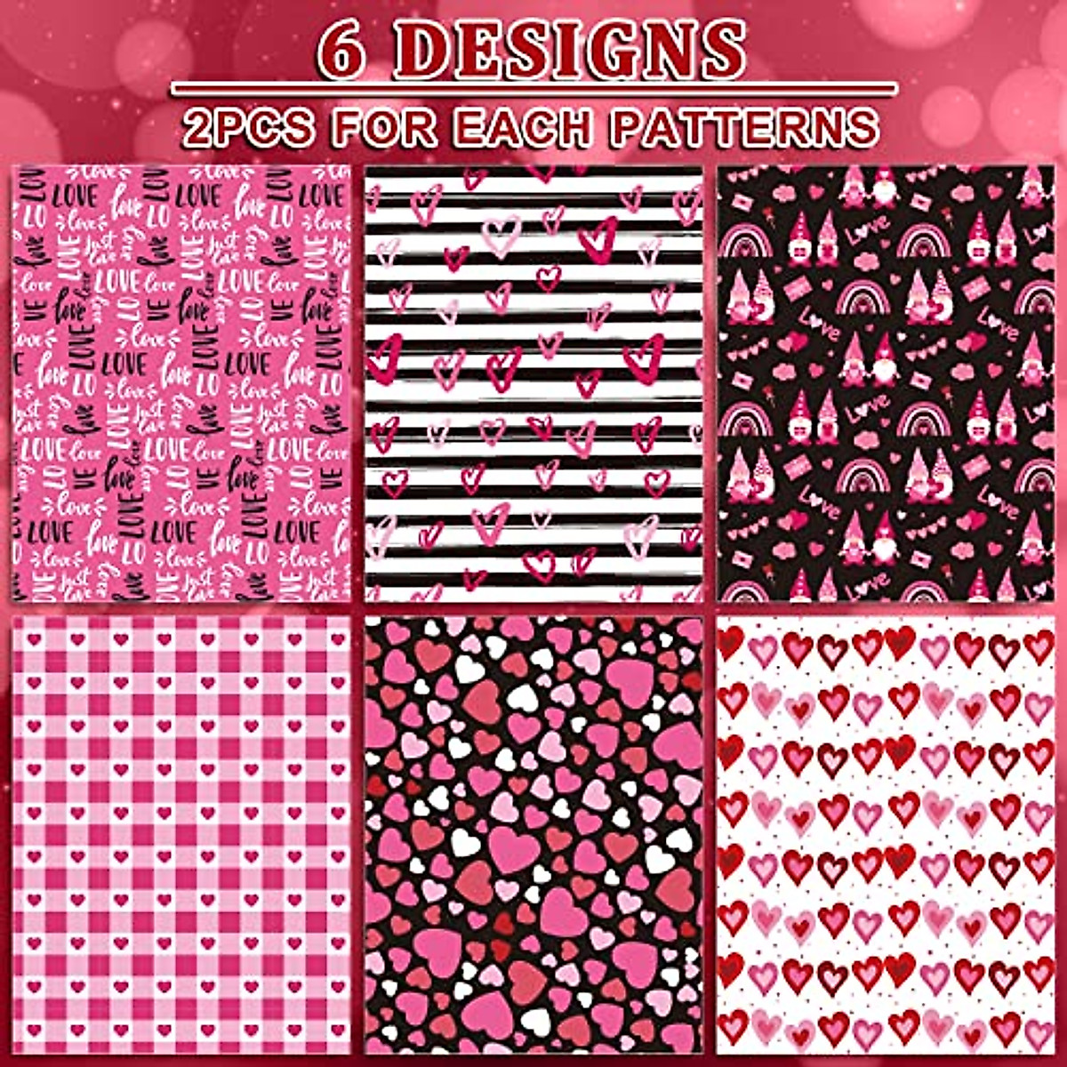Whaline 12 Sheet Valentine's Day Wrapping Paper Pink Black Heart Gnome Plaid pattern Wrapping Paper Love Printed Art Paper for Wedding Anniversary Baby Shower Birthday Gift Packing, 19.7 x 27.6 Inch