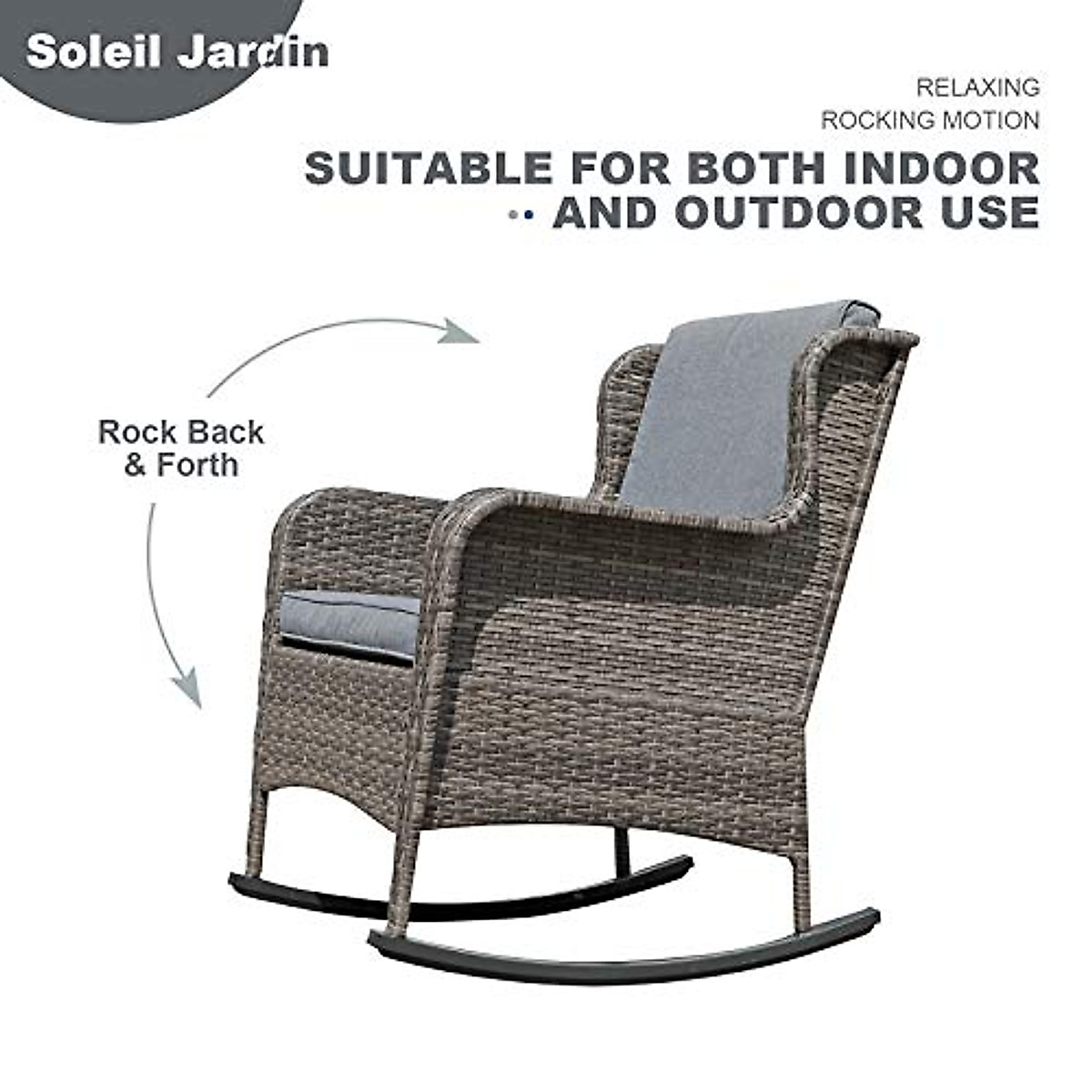 Soleil Jardin Outdoor Resin Wicker Rocking Chair with Cushions, Patio Yard Furniture Club Rocker Chair, Gray Wicker & Gray Cushions,Set of 2
