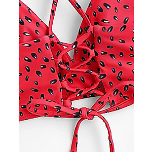 ZAFUL Women's Sexy Triangle Bikini Set Watermelon Print Spaghetti Strap 2 Piece Swimsuit Crisscross Low Cut Bathing Suit Red M