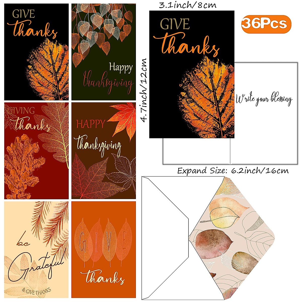 36 Pcs Thanksgiving Greeting Cards Assorted Style Fall Thank You Cards Holiday Maple Leaves Thank You Notes with 36 Envelopes for Business Personal Thanksgiving Christmas Gift (3.1 x 4.7 Inch Folded)