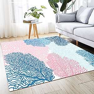 QH Blue and Pink Coral Area Rug 5'x6' Floor Mats Washable Non-Slip Large Rugs for Living Room Kitchen Bedroom Dining Room Outdoor Home Decor