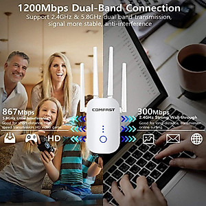 1200Mbps WiFi Range Extender Repeater, Coverage Up to 3000 sq.ft and 25 Devices, 2.4&5GHz WiFi Extender Signal Amplifier with 5 Working Modes