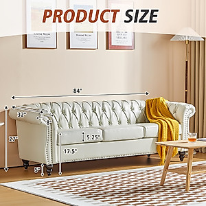 3 Piece Living Room Set, Chesterfield Faux Leather Sofa Loveseat Couch Chair with Scroll Arms and Nailhead for Living Room, Office (White)