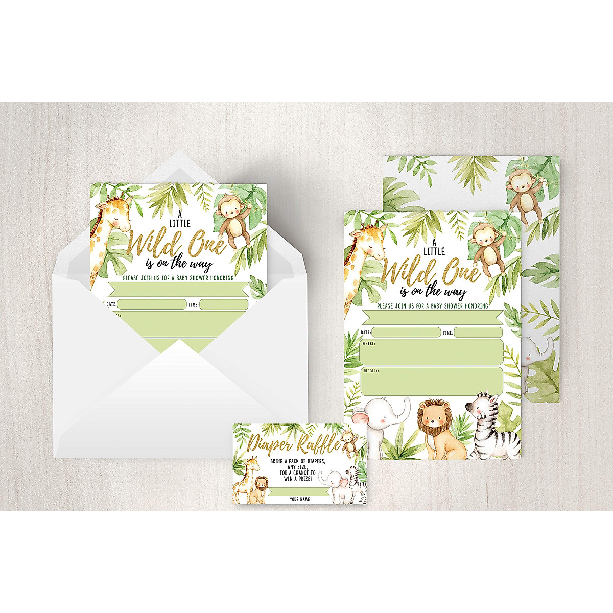 Your Main Event Prints Jungle Baby Shower Invitations, Safari Elephant, Giraffe, Lion and Monkey Baby Shower Invites with Diaper Raffles Cards, Sprinkle, 20 Invites Including Envelopes
