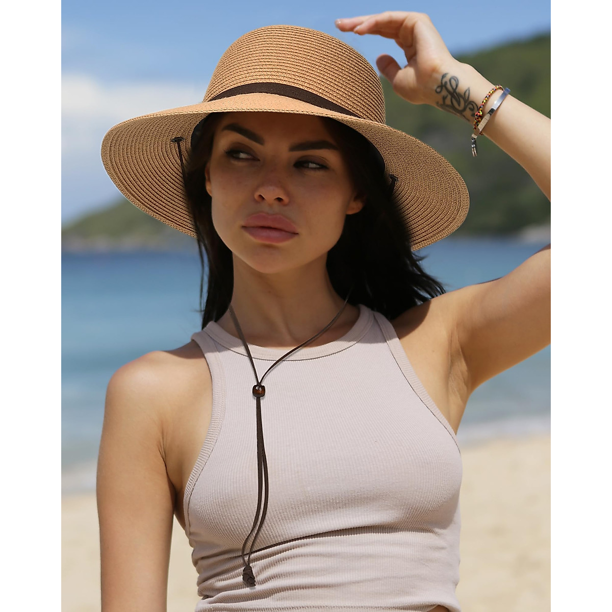 FURTALK Womens Wide Brim Sun Hat with Wind Lanyard UPF Summer Straw Sun Hats for Women A-Khaki
