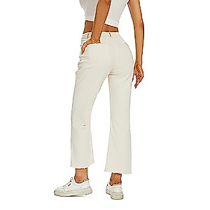 DECIVI Women Straight Leg Capris Jeans Mid Rise Cropped Pants Stretchy Ankle Length with Pockets White