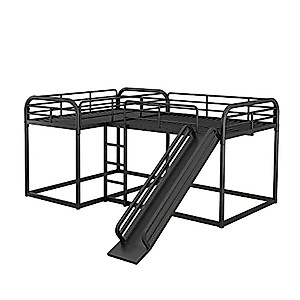 YUNLife&Home L-Shaped Quad Bunk Beds for 4, Full and Twin Size Heavy-Duty Metal Floor Bunk Bed Frame with Slide and Short Ladder for Kids Teens Girls Boys Bedroom Furniture,No Box Spring Needed