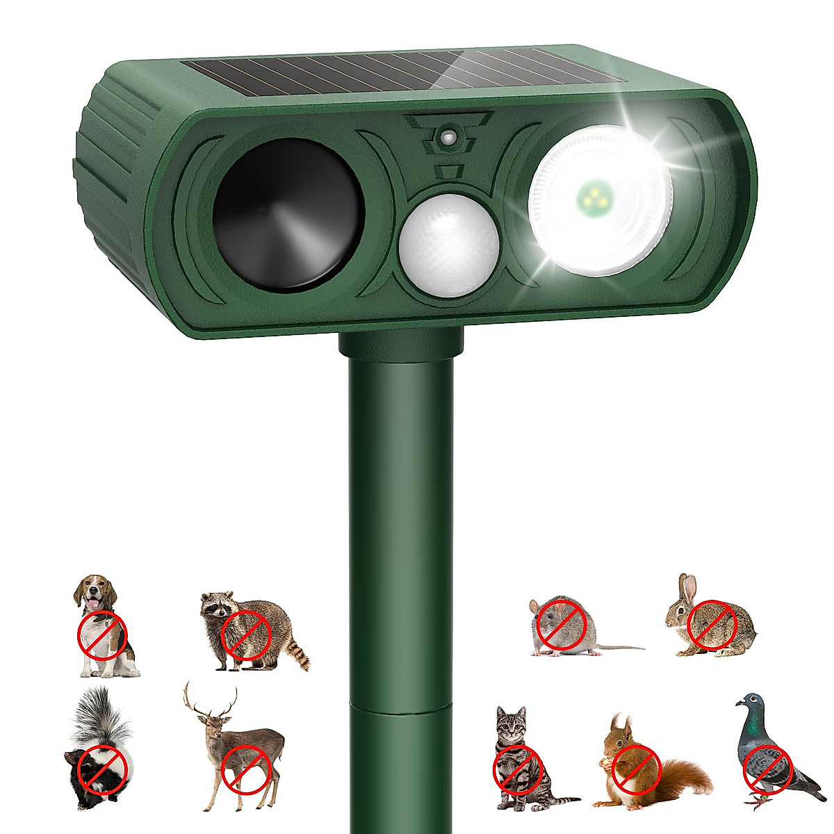 Solar Ultrasonic Animal Repellent Outdoor, Deer Repellent Devices Motion Detection, Waterproof Cat Squirrel Mouse Raccoon Dog Bird Repellent Deterrent with LED Flash Light for Yard Farm Garden