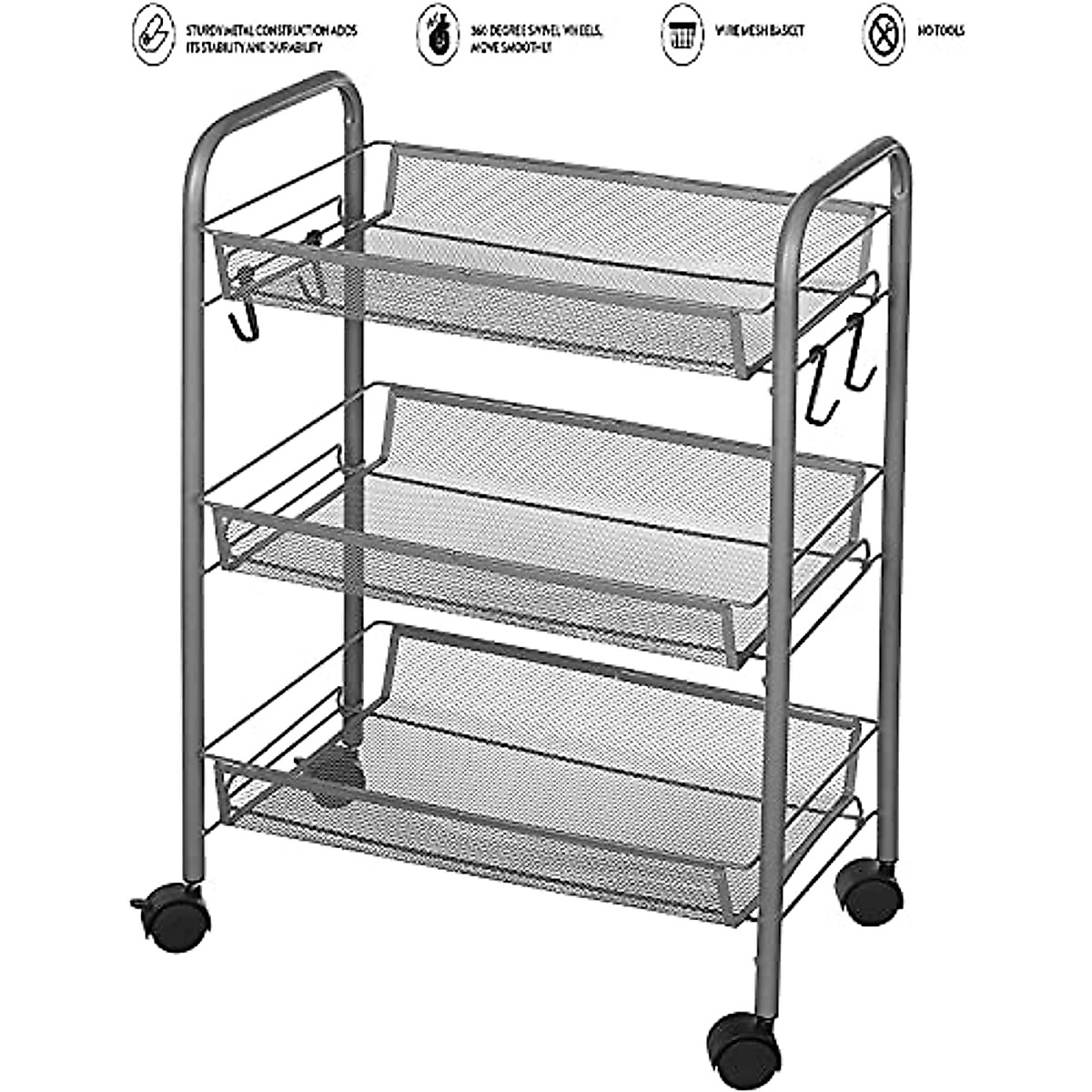 Urban Lifestyle 3 Tier Mesh All Purpose Utility Rolling Storage Cart, Silver
