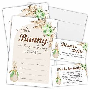 JCVUK Set of 25 Baby Shower Invitations with Envelopes, Diaper Raffle Tickets and Baby Shower Book Request Cards,Green Boho Bunny Theme Babyshower Party For Boys or Girls(YQKTZ-B06)