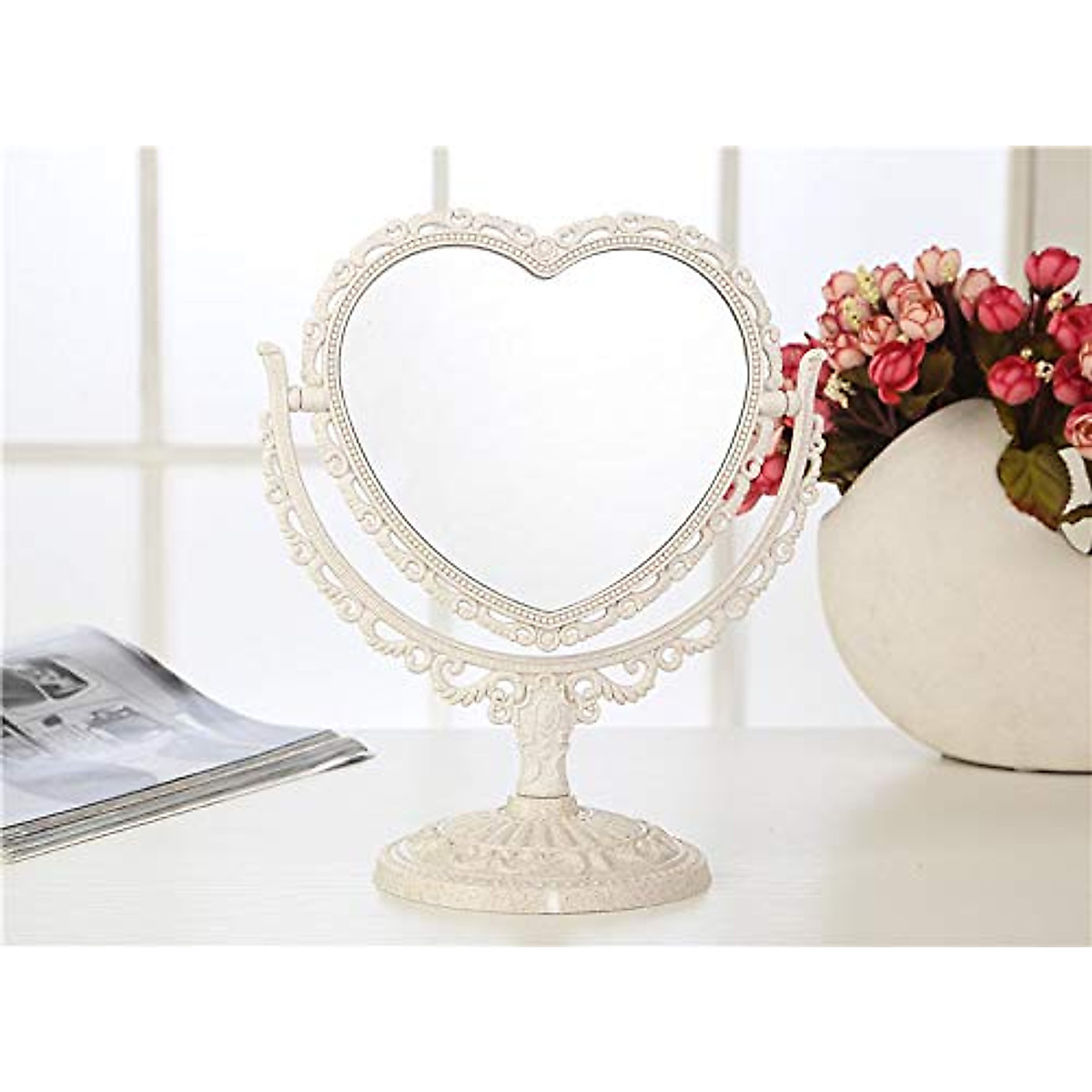 XPXKJ 7" Heart Shaped Mirror Tabletop Vanity Makeup Mirror with 3X Magnification DoubleSided Rotatable Dresser Mirror Bathroom Bedroom Dressing Beauty Mirror (HeartShaped, Beige)