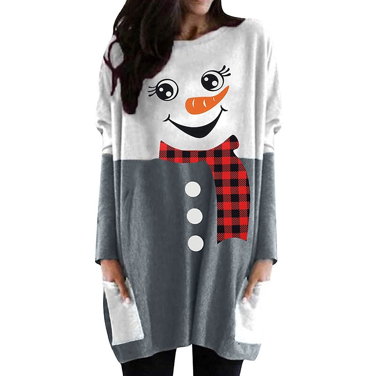 MOUSYA Women Dress Shirt Christmas Long Sleeve Tops Santa Printed Pullover Loose Plus Size T-Shirt Blouse with Pockets (gray white, X-Large)