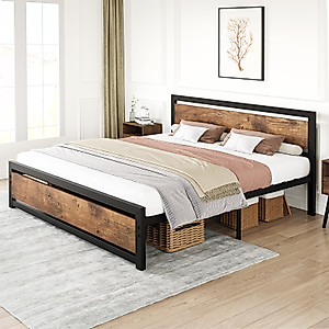 IDEALHOUSE King Size Bed Frame with Wooden Headboard and Footboard, Industrial King Bed Platform No Box Spring Needed, 14 Inch Easy Assemble Mattress Bedframe, King