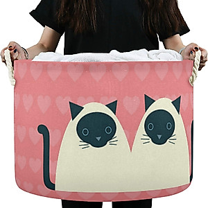 visesunny Cat Pink Heart Cartoon Collapsible Large Capacity Basket Storage Bin with Durable Cotton Handles, Home Organizer Solution for Office, Bedroom, Closet, Toys, Laundry