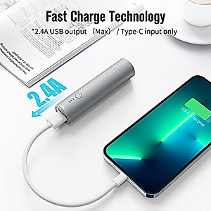 SIXTHGU Mini Portable Charger, 5000mAh Small Power Bank Fast Charging Compact Battery Pack with Flashlight and USB-C (Recharge Only) for iPhone, Samsung and More (Grey)