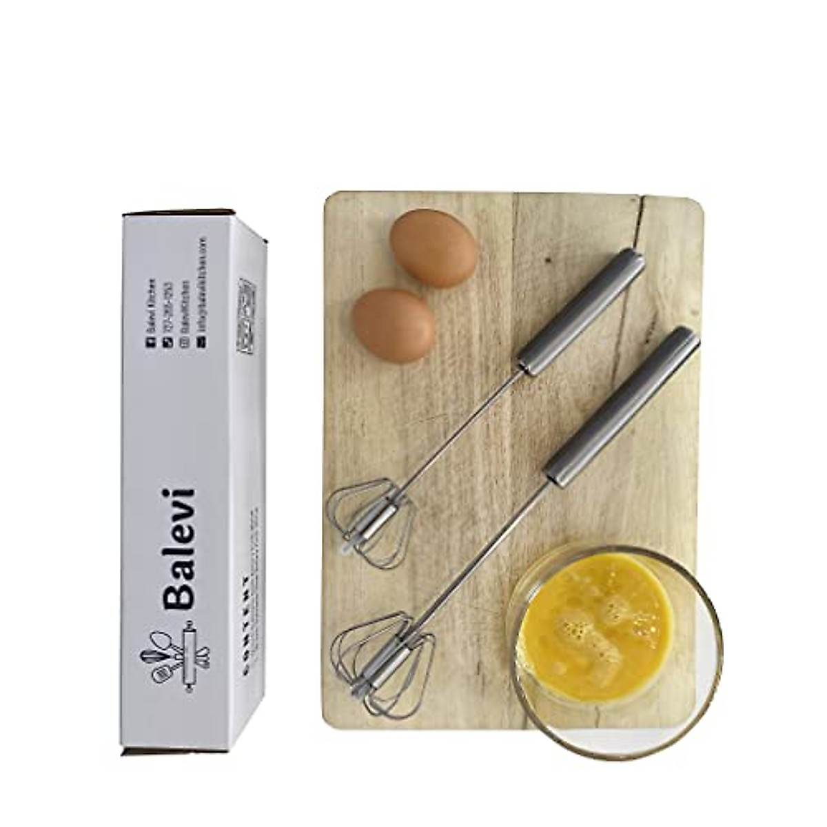 Balevi Stainless Steel Push Whisk - Easy to Use Manual Hand Mixer & Plunger Whisk - Make Froth, Foam & Whipped Cream - Semi Auto Egg Beater Plastic Tip Won’t Scratch Pans (2 Pack 10in & 12in) STEEL