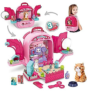 MAGIC4U 3 in 1 Pet Care Carrier Backpack Playset,82PCS Cat Figurines Toys for Kids,Vet Clinic and Doctor Kit for Kids, Pet Veterinarian Medical Role Pretend Play Set for Boys and Girls Ages 3-8