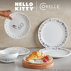 Corelle Vitrelle Hello Kitty 12-PC Dinnerware Set, Service for 3, Triple Layered Glass, Anti-Chip Durable Lightweight Plate and Bowl Set