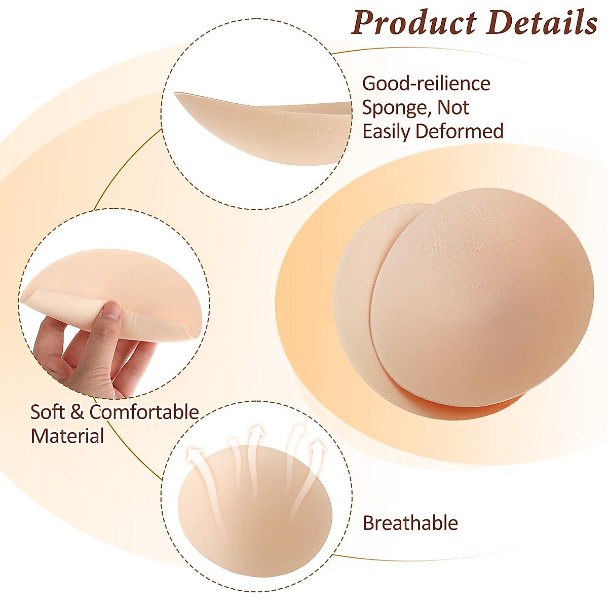 DYNWAVE 3 Pairs Women Oval Bra Pad Inserts Sponge for Swimsuits Bathing Suit Beige