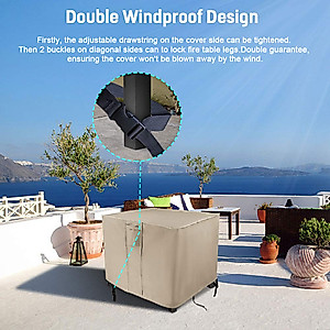 POMER Fire Pit Cover, 30inch Square Outdoor Gas Fireplace Cover Beige Waterproof Firepit Covers for Propane Fire Pit Table - 30x30x25inch