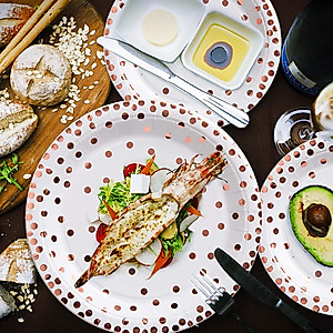 hapray 201PCS Disposable Paper Plates Rose Gold Party Supplies, Polka Dots Birthday and Baptism Decorations, include Cups, Napkins, Plastic Tablecloth, for Baby Shower