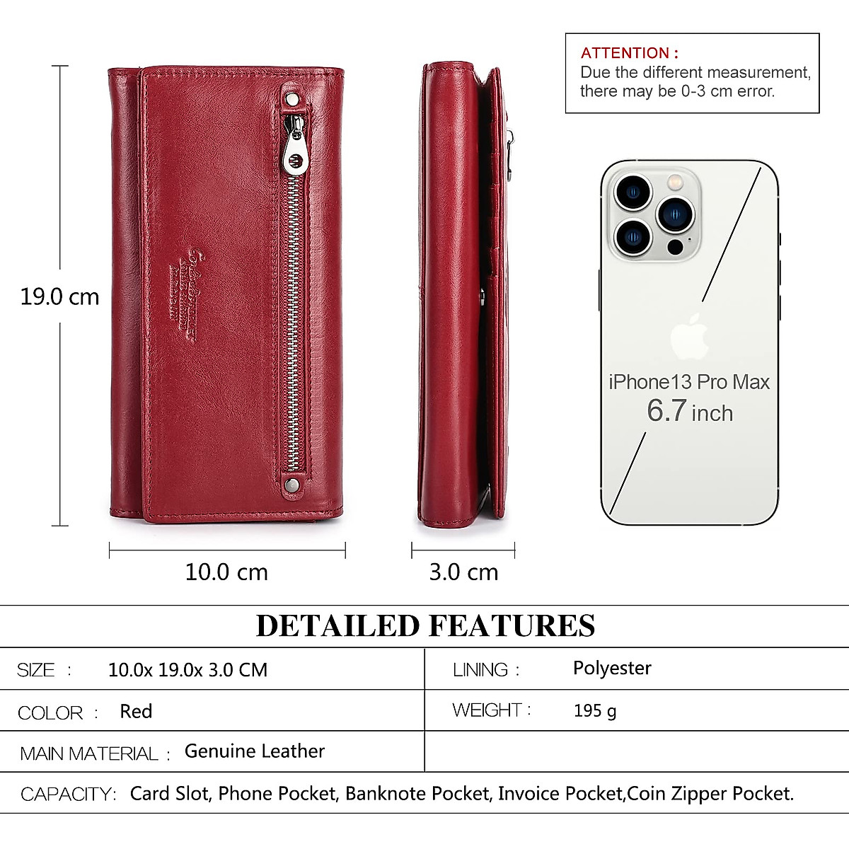 Contacts Women Real Leather Zipper Coin Clutch Purse Phone Wallet (Red)