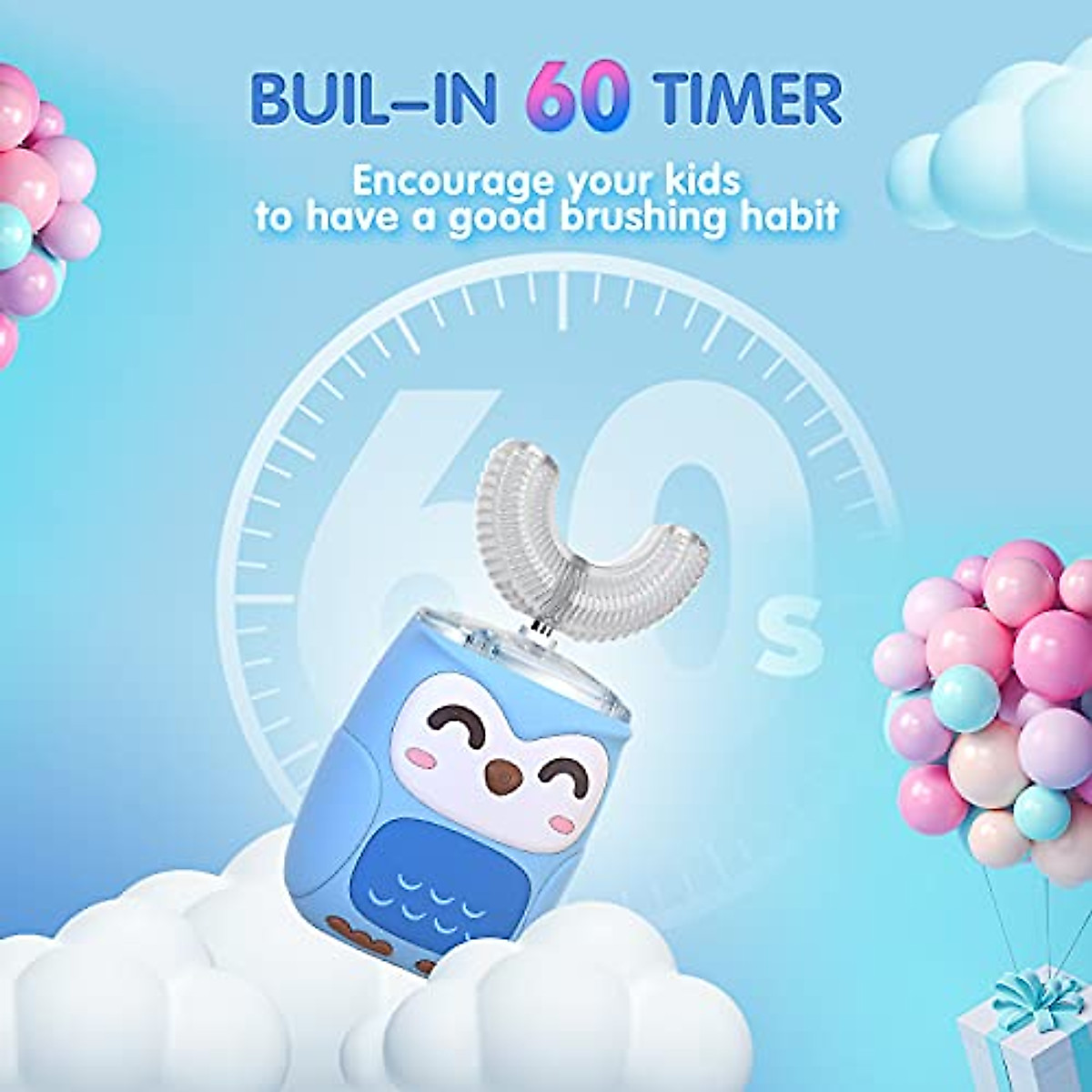 Flying Ideas Kids Electric Toothbrush, U Shaped Toothbrush, Ultrasonic Automatic Toothbrush Kids with 6 Modes, Full/Whole Mouth Baby Toothbrush, IPX7 Waterproof(Light Blue)