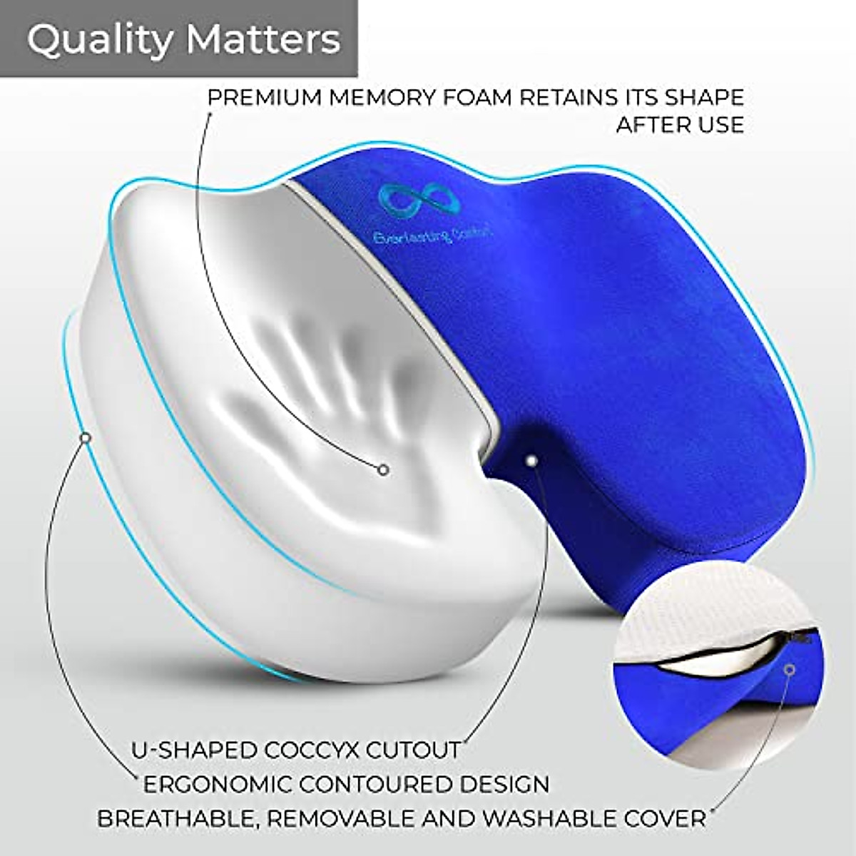 Everlasting Comfort Car Seat Cushion for Tailbone Pain Relief - Office Chair Cushion w/Premium ComfortFoam™ for All-Day Sitting Support - Coccyx, Sciatica Pain Relief Pillow for Desk Chair and Gaming