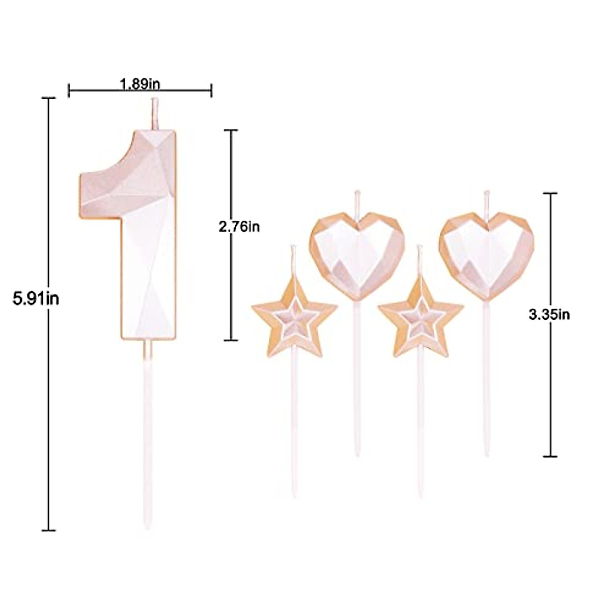 Rose Gold Number 1 Candles and Star Heart Candles 2.76 inch Number Candles for Birthday Cakes 3D Diamond Shaped for Cake Decorations(Rose Gold Candle 1)