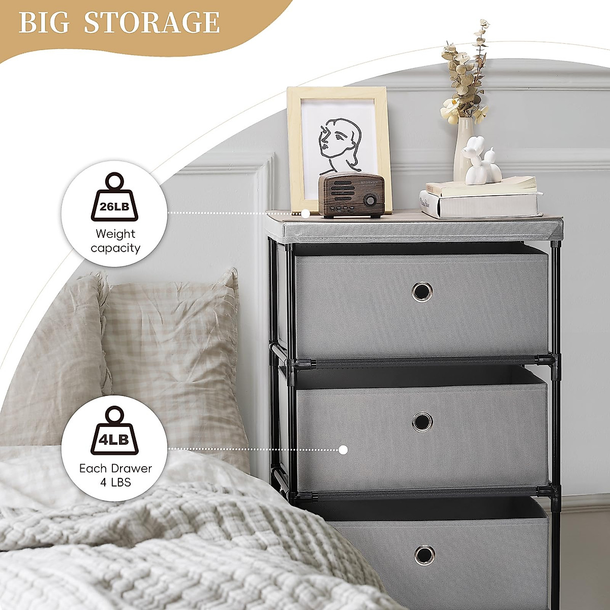 MOOACE Fabric Storage Dresser with Drawers, 4 Drawers Clothes Organizer and Storage Tower for Bedroom, Small Fabric Storage and Chest of Drawers, Light Gray