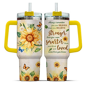 99OWL Yellow Women Flower Tumblers For Coffee Cups Floral Handle Butterfly, Tumbler 40 Oz With Handle Lid And Straw, Sunflower Inspirational, Sunflower Gifts