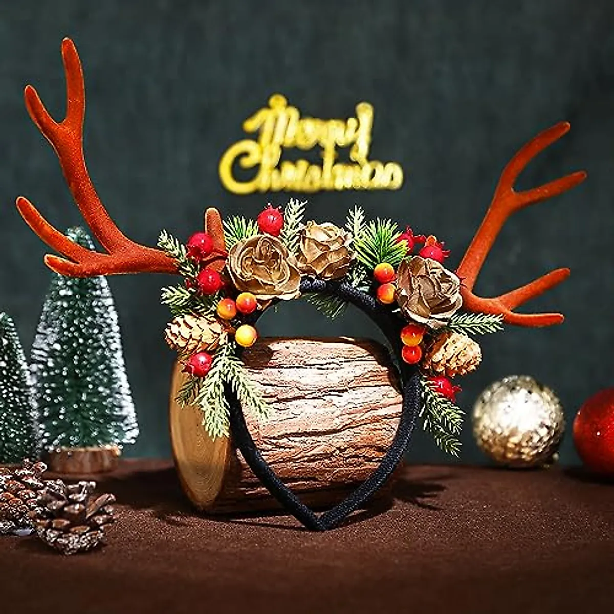 MOSTORY Handmade Christams Antler Headband - Brown Reindeer Hairband Xmas Woodland Headpiece Forest Deer Crown with Berry Pine Cone for Retro Party Renfaire Prom Cosplay Rose