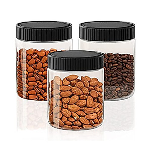 8 Oz Clear Plastic Jars with Black Lids Refillable Kitchen Storage Containers for Dry Food, Coffee, Nuts and More, 3 Pack