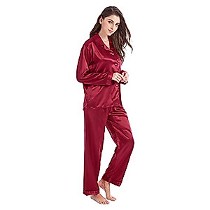 Tony & Candice Women's Classic Satin Pajama Set Sleepwear Loungewear (Large, Burgundy with Black Piping)