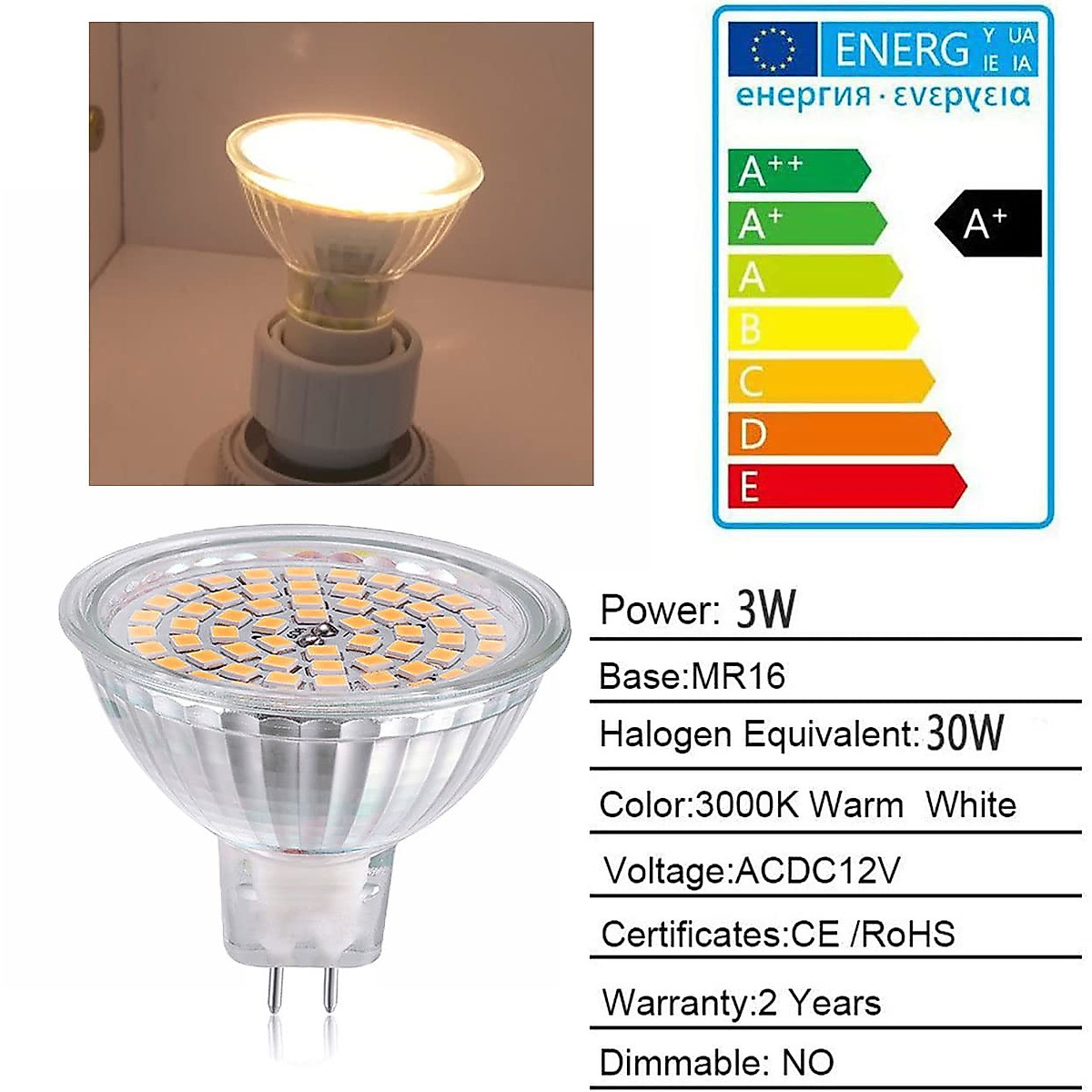 MR16 LED Light Bulbs(4 Pack)-380lm 60LEDs 2835 SMD 3W AC/DC 12V 3000K Warm White,30W Halogen Bulb Equivalent,GU5.3 Bi-Pin Base,Not Dimmable, for Landscape,Recessed Spotlight,Track Lightin