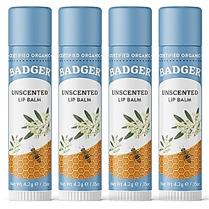 Badger Unscented Classic Lip Balm, 100% Organic Lip Balm for Sensitive Lips, Long Lasting Lip Moisturizer w/Light Silky Texture, 4 Pack