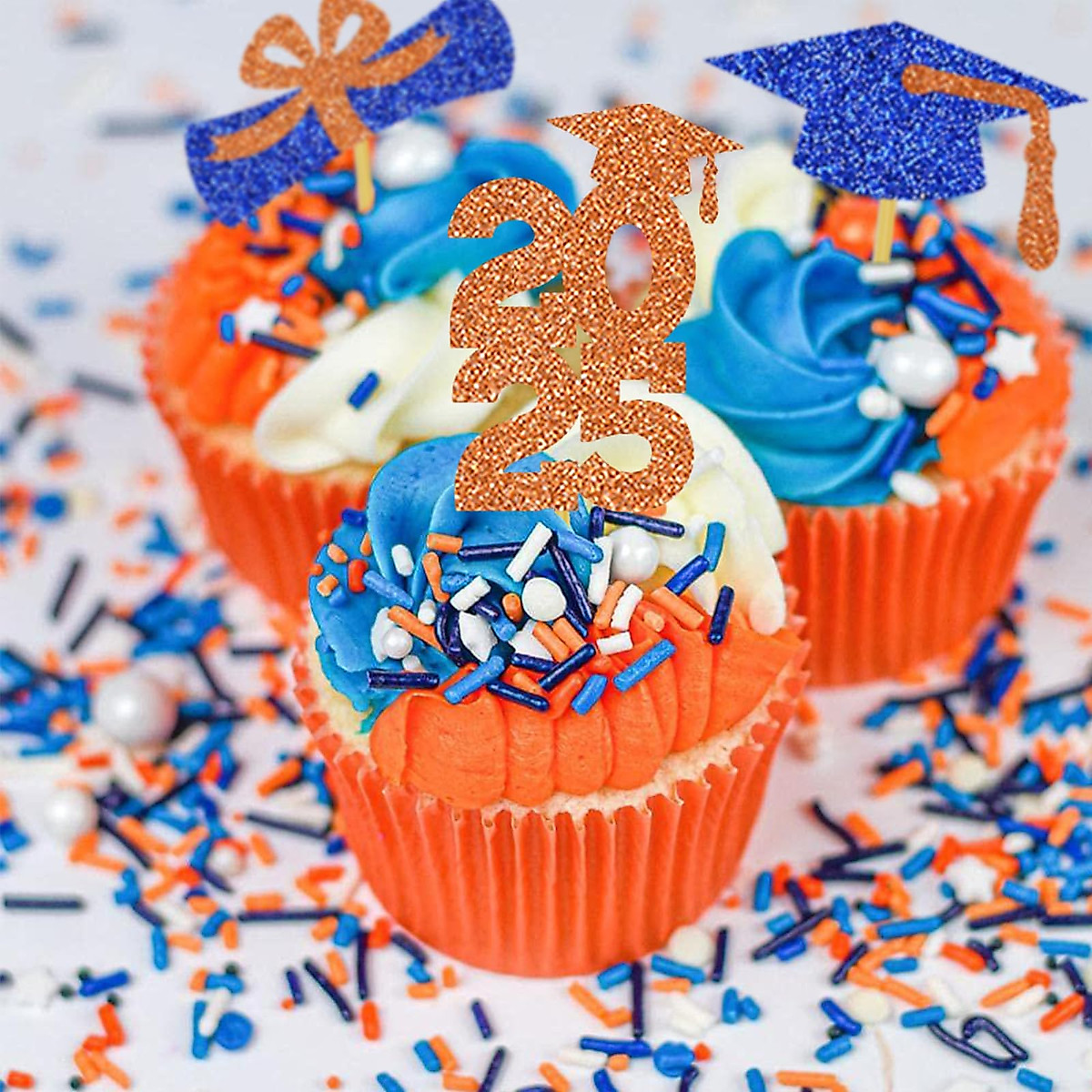 Graduation Cake Topper Congrats Grad Cupcake Toppers Kindergarten High School College University Glitter Decoration Blue Orange