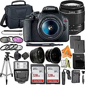 Canon EOS Rebel T7 DSLR Camera Bundle with EF-S 18-55mm f3.5-5.6 Zoom Lens + ZeeTech Accessory Bundle + 2 Pack SanDisk 128GB Memory Card + Filter Kit + Flash + Tripod, (Canon T7) (Renewed)