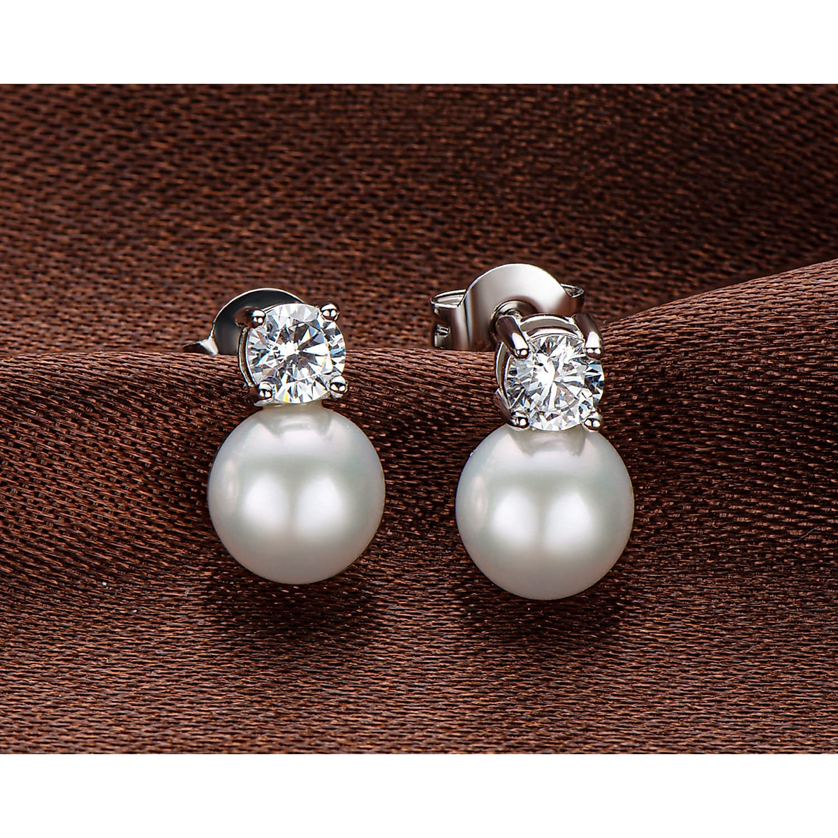 DENGGUANG Pearl Stud Earrings June Birthstone Freshwater Cultured 6.5mm Small White Pearl Drop Silver Earrings with Cubic Zirconia Jewelry Gifts for Women